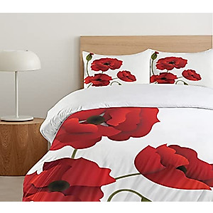 Ambesonne Floral Duvet Cover Set, Poppy Flowers Vivid Petals Buds Pastoral Purity Mother Earth Nature Design, Decorative 3 Piece Bedding Set with 2 Pillow Shams, Queen Size, Red Green