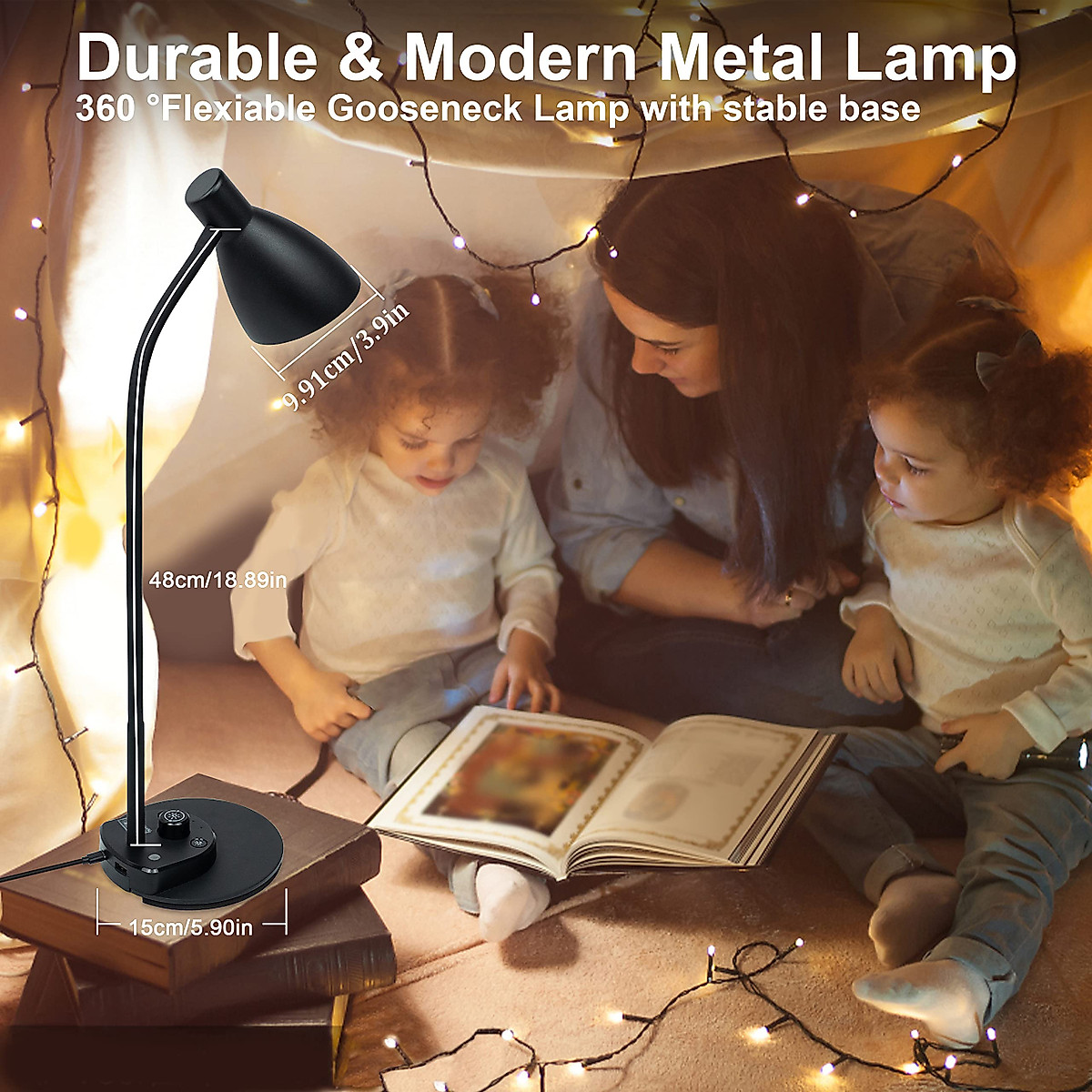 LiFMIRA Small Desk Lamp with USB Charging Port 3 Color Modes Light Induction Smart Auto-Dimming Reading Light CRI 90+ Flexible Gooseneck Desk Lamps for Home Office Dorm Study Room AC Adapter Included