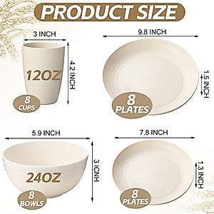 32 Pcs Wheat Straw Dinnerware Sets for 8 Kitchen Reusable Dinner Plates, Reliable Cereal Bowls, Lightweight Children Cups Kids Tableware Set Dishwasher Safe for Camping Party Picnic Event (Beige)