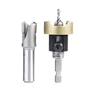 Amana Tool AMS-625 2-Pc Carbide Tipped Countersink with Adjustable Depth Stop and No-Thrust, No Marring Ball Bearing, with Plug Cutter Set