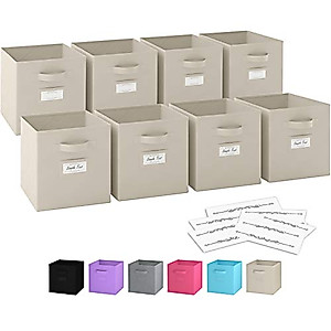 11 Inch Storage Cubes (Set Of 8) Storage Baskets | Features Dual Handles & 10 Label Window Cards | Cube Storage Bins | Foldable Fabric Closet Shelf Organizer | Drawer Organizers And Storage (Beige)