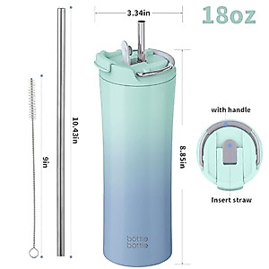 BOTTLE BOTTLE Insulated Coffee Tumblers with Dual-use Lid and Straw Double Walled Iced Travel Coffee Mug for Woman and Man 18 oz Stainless Steel Tumbler with Handle(Green Blue)