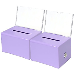 Donation Collection Ballot Box Ticket & Drawing Voting or Comment Box office and fundraising suggestion box 6.25 x 4.75 x 4 inch Box Display Sign Holder 4 x 6 inch with Lock and keys(2 Pack Purple)