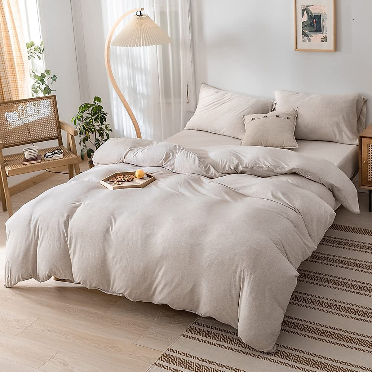 DONEUS Beige Duvet Cover Queen Size - Jersey Knit Duvet Cover Set 100% T-Shirt Cotton Super Soft Comfy 3 Pieces Bedding Set with Zipper Closure, Solid Color Pattern Duvet Cover and 2 Pillow Sham