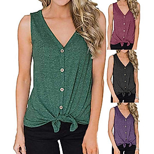 Summer Tank Tops Women Loose Button V Neck Button Vest Blouse Sleeveless T-Shirt Comfy Loose Shirts (S, Green)