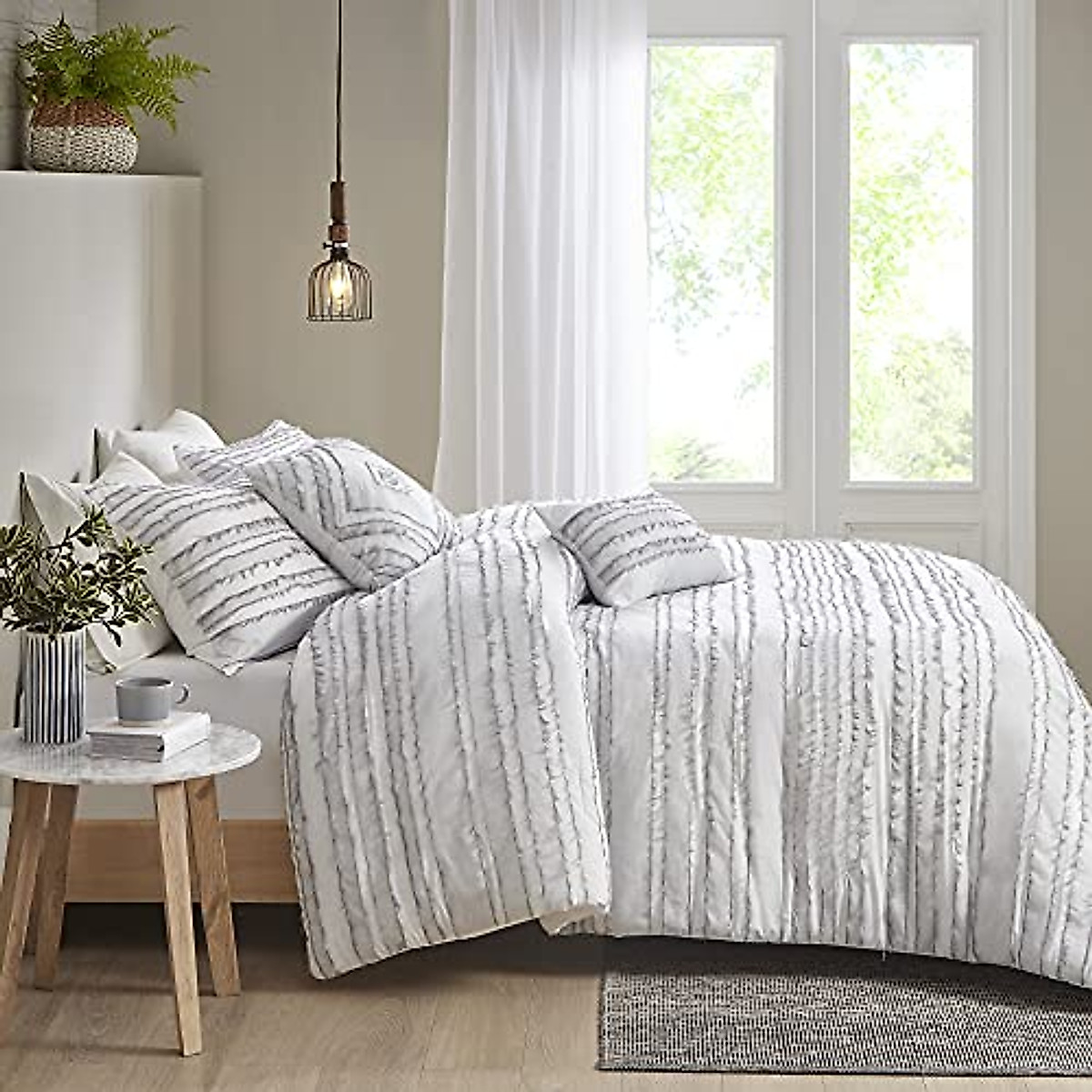 Urban Habitat Avery 100% Cotton Clipped Jacquard Duvet Casual Stripe Design, All Season Comforter Cover Modern Bedding Set with Matching Sham, Decorative Pillow, Full/Queen, Grey 5 Piece