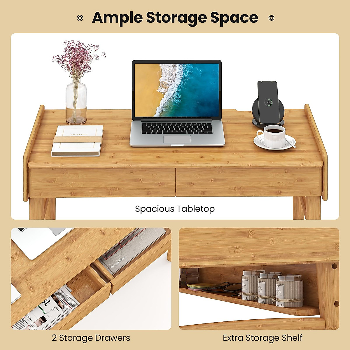 Giantex Computer Desk, 39.5" Bamboo Home Office Desk with 2 Storage Drawers and Open Shelf, Makeup Table Vanity Desk, Modern Writing Desk Computer Workstation for Bedroom, Study, Natural