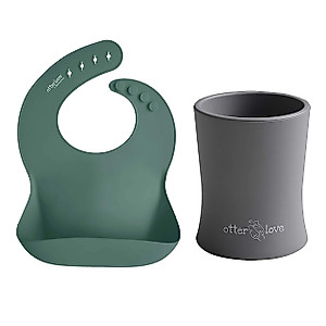 otterlove Natural Grip Silicone Cup (Smoke) + Waterproof Silicone Bib (Island Sea) Bundle