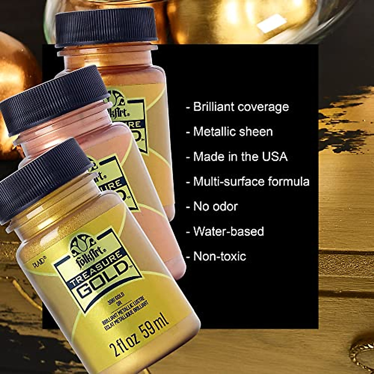 FolkArt Gold Assorted Easy to Apply DIY Crafts, Art Supplies with A Metallic Finish Treasure Paint 2 Fl Oz 59 Ml (Pack of 1)