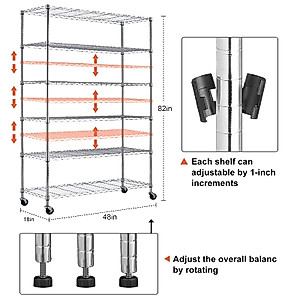 Heavy Duty Storage Shelves Hold 2100LBS Metal Shelves with Wheels Adjustable 6 Tier Wire Shelving Unit NSF Shelving for Closet Kitchen Garage Basement, 82" H x 48" L x 18" D- Chrome