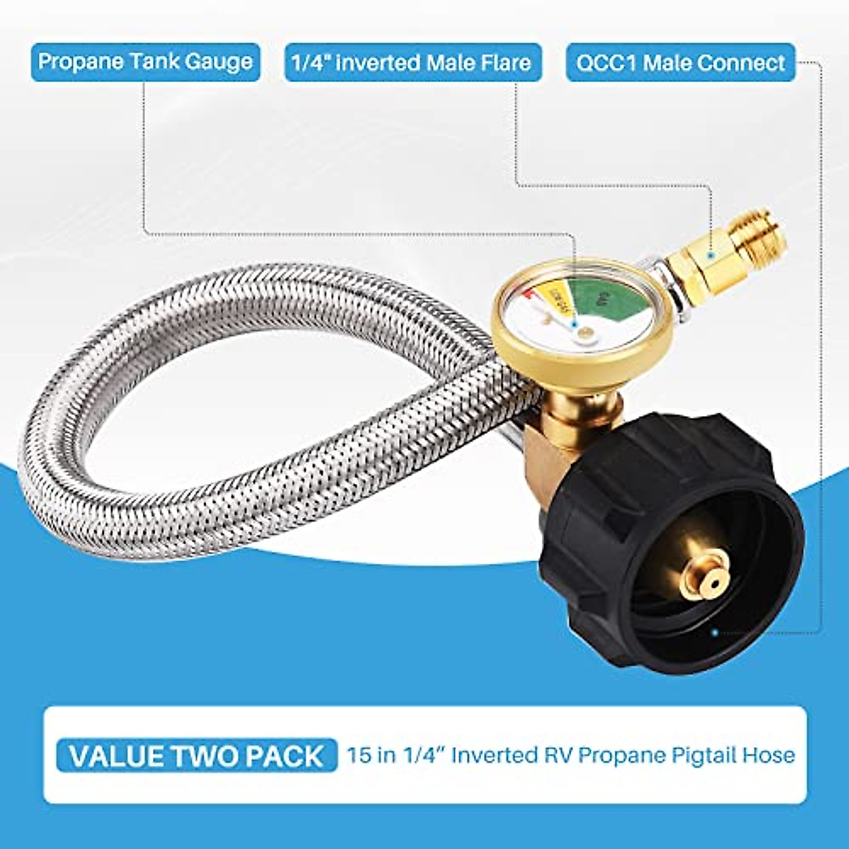 2 Pack 1/4" Inverted RV Propane Pigtail Hose with Gauge, 15inch RV Propane Hose Connector with Type 1/4" Inverted Male Flare Stainless Steel Braided for 5LB - 40LB Propane Tank Coming with Tape