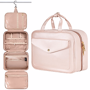 MATEIN Travel Toiletry Bag for Women, 9L Faux Leather Hanging Makeup Bag with Metal Snap Handle, Large Waterproof Cosmetic Storage Multiple Traveling Organizer for Toiletries Accessories, Pink