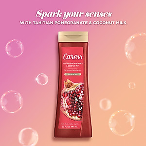 Caress Body Wash for Women, Tahitian Pomegranate & Coconut Milk, Exfoliating Shower Gel for Renewed, Glowing Skin, 20 fl oz, 4 Pack