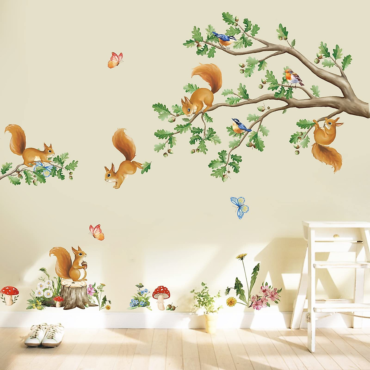 decalmile Woodland Animals Wall Stickers Trees Branches Spring Squirrels Animals Wall Decals Baby Nursery Kids Bedroom Toddler Room Wall Decor
