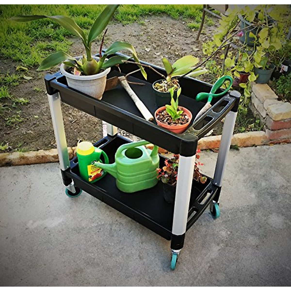 MaxWorks 80384 Black and Gray Two-Tray Service/Utility Cart With Aluminum Legs And 4" Diameter Swivel Castors