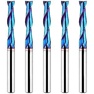 EANOSIC 5PCS Upcut Spiral Router Bit 1/4 inch Shank, 1/4 inch Cutting Diameter, Extra Long 3 inch Solid Carbide with Nano Blue Coating CNC Router Bits End Mill for Wood Cut, Carving