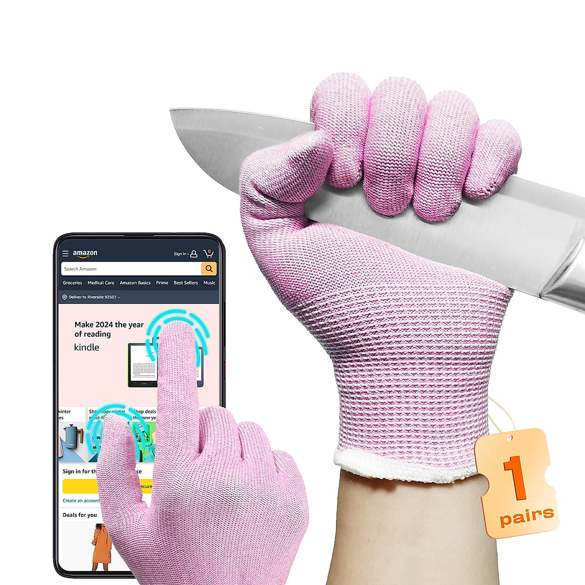 JDL Large Pink Cut Resistant Gloves with Touch Screen, Food Grade, ANSI A5, 3D Stretch Fit, Firm Grip, Suitable for Oyster Shucking, Meat Slicing, Kitchen Protection