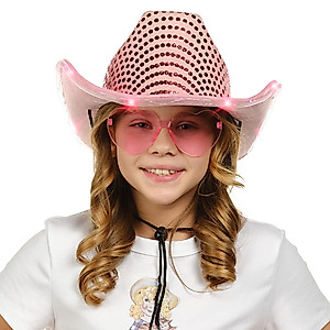 Funcredible Pink Light Up Cowboy Hat and Glasses - Sparkly Disco Cowgirl Hat - Sequin Cowboy Hat for Women - Cowgirl Costumes for Girls