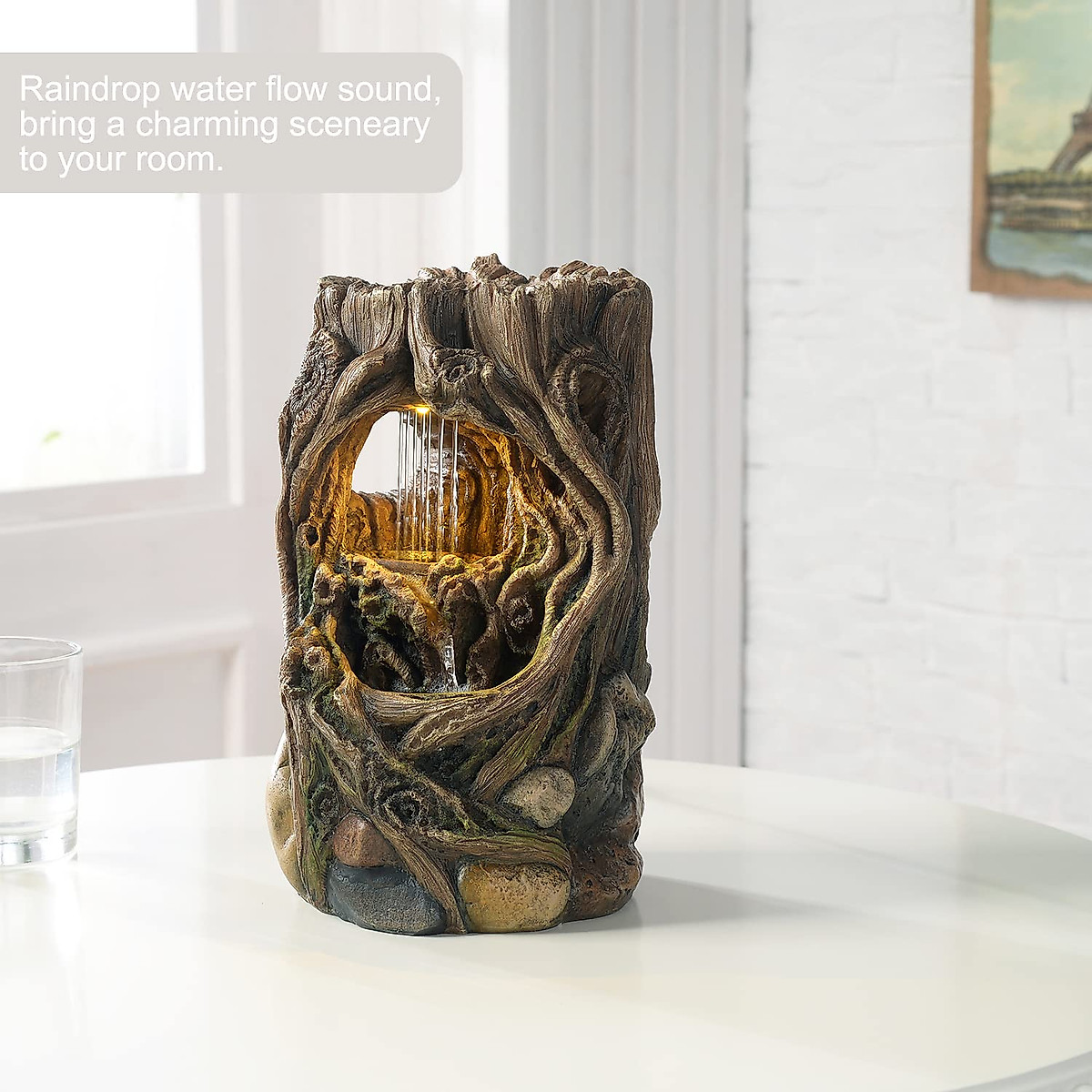 GOSSI Indoor Fountain Beautiful Stump Water Fountain Relaxation Raindrop Fountains Meditation Desk Fountain Artistic Waterfall Fountains Home/Office Decor(22013)