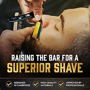 The Cambridge Cutthroat® Cut Throat Razor Kit with Travel Pouch - Black & Gold Stainless Steel Professional Barber Single Straight Edge for Men - Moustache Shaver & Beard Shaper