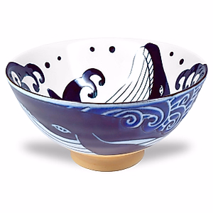 Mino Ware Japanese Rice Bowl, Rice Ramen Noodle Soup Sarada Pasta, Wave Whale Chawn, 4.6 inch 10oz Set of 2