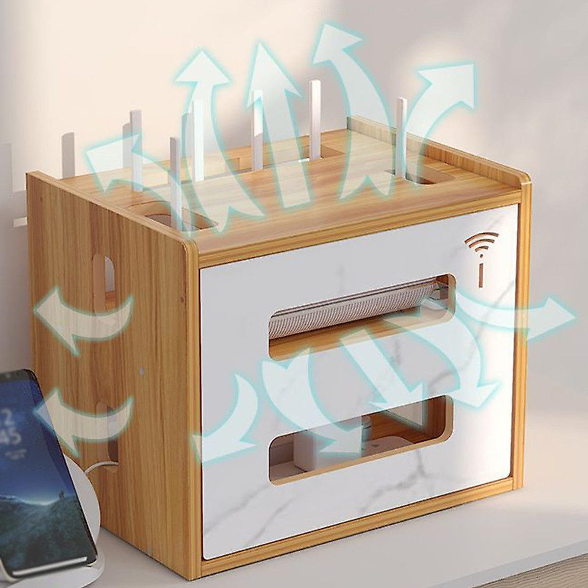 WiFi Router Desktop Storage Box,Power Router Fences Standing Shelf Units,Wooden Cable Management Hider Box Router Storage Racks for Desktop Office and Home,A