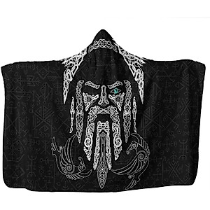 BURNAR Viking 3D Printing Hooded Blanket Warm Soft Odin Rune Raven Unisex Winter Wearable Hooded Blanket Double Thick Plush Fleece Blanket Cape (Color : Blanket, Size : 50x60in/130x150cm)