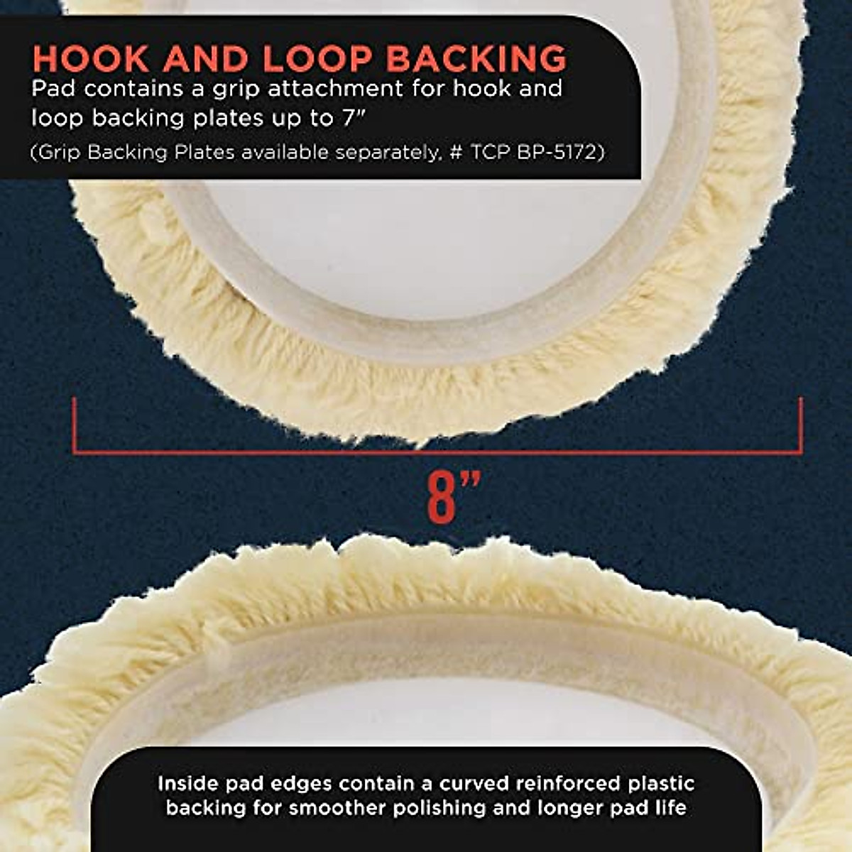 TCP Global -(Pack of 3) - 8" 100% Wool Hook & Loop Grip Buffing Pad for Compound Cutting & Polishing for Automotive, Marine and Epoxies