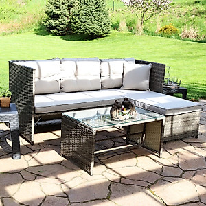 Sunnydaze Longford Outdoor Patio Sectional Sofa Set - Backyard Brown Rattan Wicker Chaise Lounge Furniture with Coffee Table and Thick Cushions - Conversation Set - Slate Gray Cushions