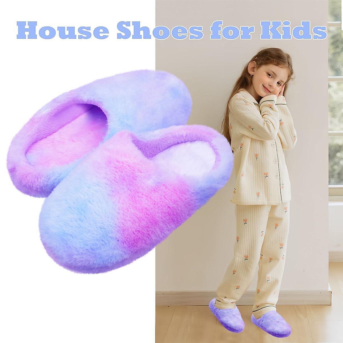 EDCYF Girl's Plush House Slippers Comfy Faux Fur Non-Slip Rubber Sole House Shoes for Kids Bedroom Indoor Outdoor Warm Shoes