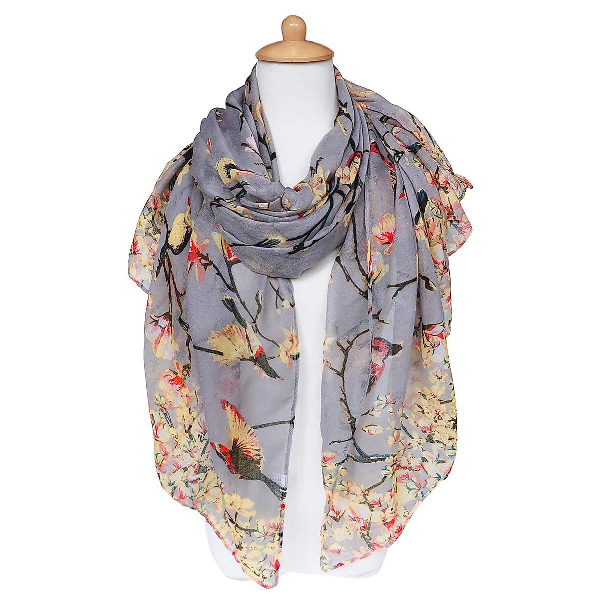 GERINLY Floral Birds Work Scarves for Womens Lightweight Cotton Shawls and Wraps Soft Thin Neckwear Head Scarf (Grey)