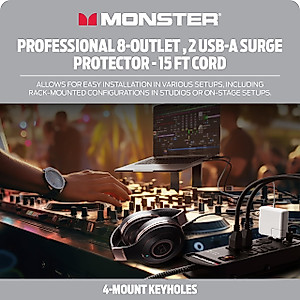 Monster Pro MI Professional Surge Protector Power Strip with Fireproof MOV Technology for Computers, Amplifiers, Pedal Boards, and Pro Audio Gear - 1960 Joule, 15 ft Cord, 8 Outlet, 2 USB