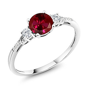 Gem Stone King 10K White Gold 6MM Round Gemstone Birthstone White Created Sapphire & White Diamond Accent 3-Stone Engagement Ring | Three-Stone Wedding Anniversary Promise Ring For Women