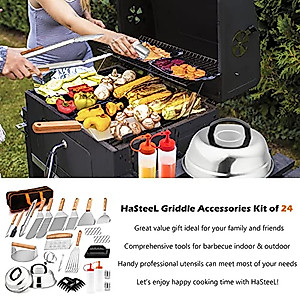 24Pcs Griddle Accessories Kit, HaSteeL Stainless Steel Spatula Tools for Teppanyaki Flat Top, Complete Metal Spatulas, Melting Domes, Burger Press for Outdoor BBQ Camping, Heavy Duty & Wooden Handle