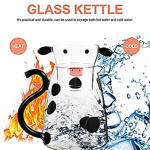 1 Set Glass Carafe Pitcher with Glass Mug Cute Cow Glass Tea Pitcher Kettle Milk Jug Night Water Carafe for Midnight Drink Home Office Hotel 550ml