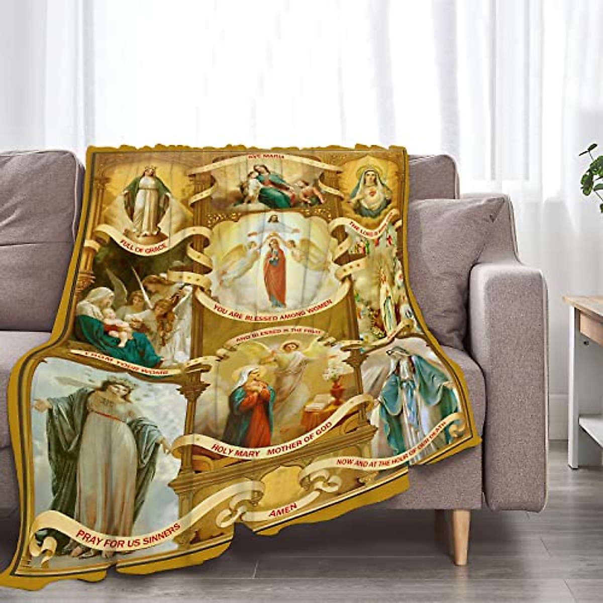 Virgin Mary Throw Blanket Christian Bible Verse Prayer Healing Blanket Catholic Gifts for Women Man Adults Inspirational Faith Scripture Prayer Religious Blanket Soft Cozy Fleece Decor 40''X50''