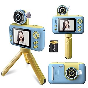 Andoer 1080P Kids Digital Camera Mini Video Camera for Kids 40MP 2.4 Inch IPS Screen 180° Rotatable Lens Built-in Battery Cute Photo Frames Fun Games with Neck Strap Mini Desktop 32GB Memory Card