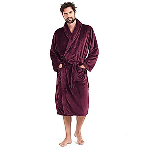 HOLOVE Men’s Fleece Shawl Collar Robe Plush Warm Bathrobe Soft Luxurious Dressing Gown for Men (Wine 2XL/3XL)