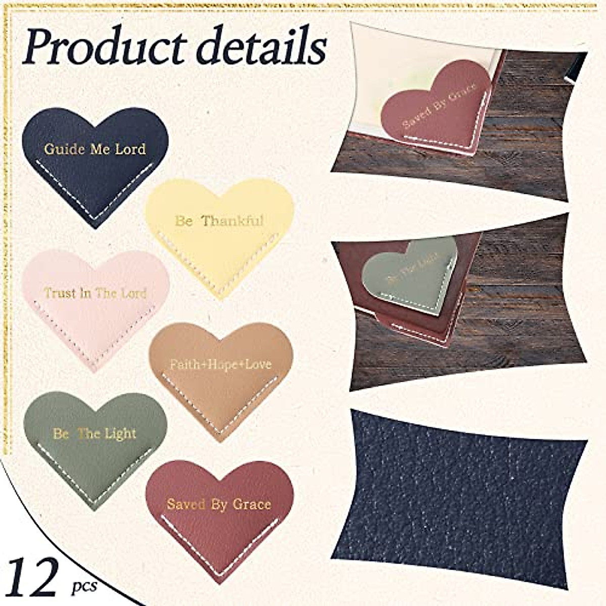 12 Pieces Bible Verse Leather Heart Bookmark Cute Heart Page Corner Bookmarks for Book Lovers Leather Bookmarks Reading Accessories for Office School Home Women Men Bookworm Present Supplies, 6 Styles