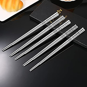 Tvkiadv Metal Chopsticks 5 Pairs Stainless Steel Reusable Chopsticks Laser Engraved Square Lightweight Non-Slip Chop Sticks Gift Set Dishwasher Safe for Cooking