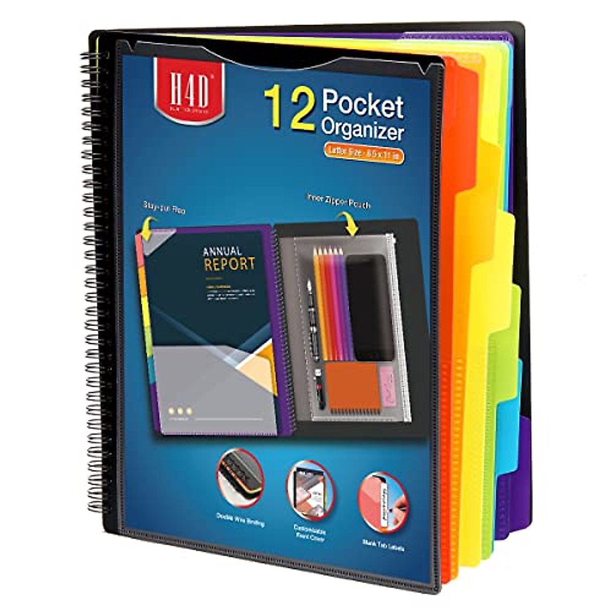 H4D 12 Pocket Poly Project Organizer, Spiral Multi Pocket Folder Organizer with Pockets, Multi-Subject Folder Notebook, Letter Size