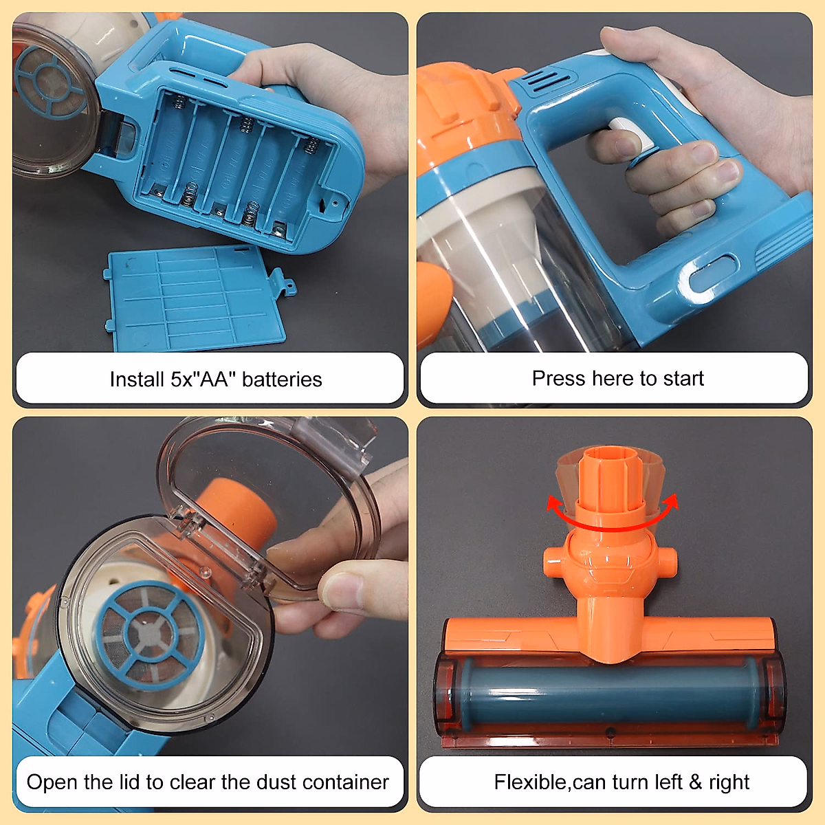 Qizfun 3-in-1 Kids Vacuum That Really Works, Toddler Toy Vacuum Cleaning Set for Children Aged 3+, includes Working Suction for Realistic Play (Orange/Blue)