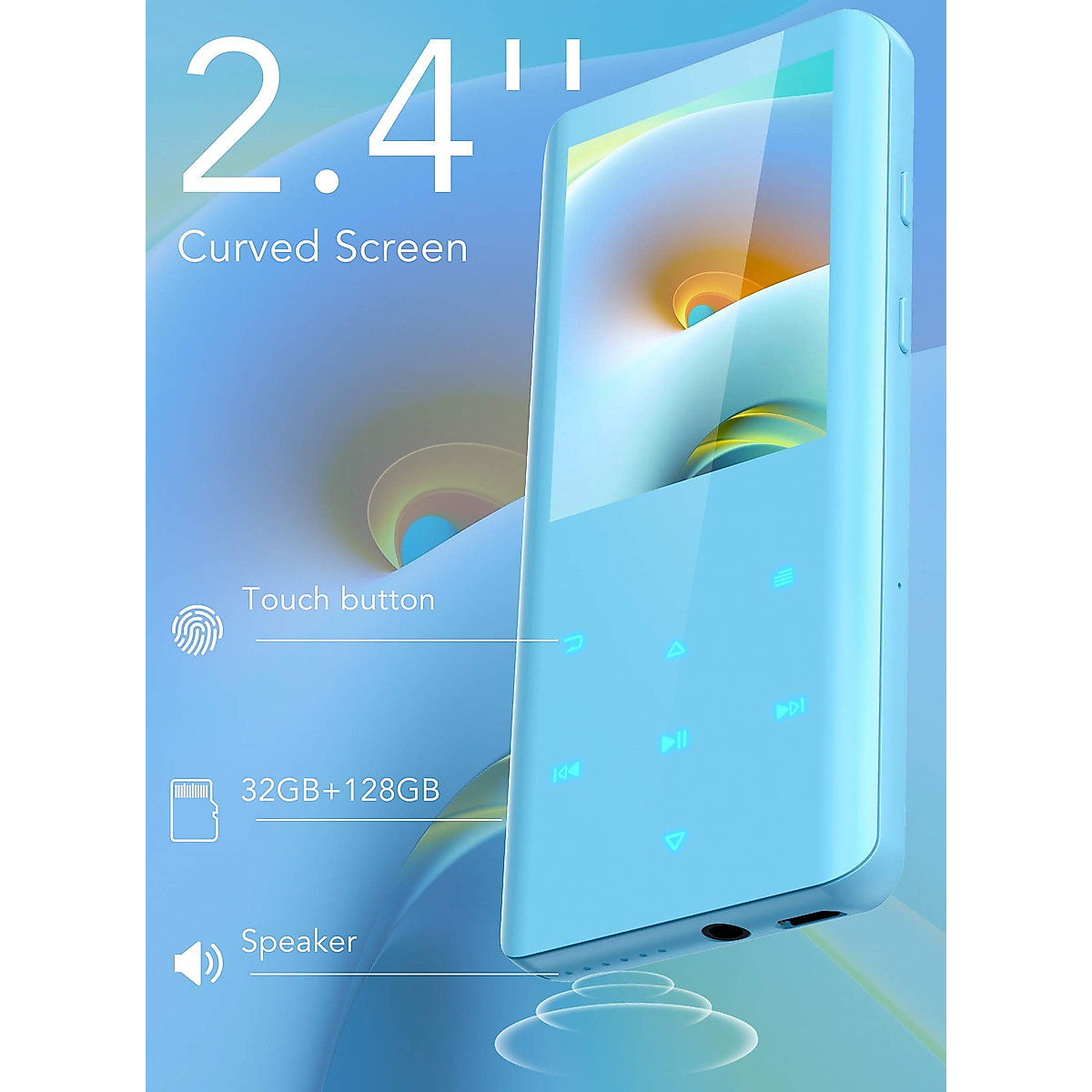 MP3 Player with Bluetooth 5.3, AGPTEK A19X 2.4" Curved Screen Portable Music Player with Speaker Lossless Sound with FM Radio, Voice Recorder, Built in 32GB, Supports up to 128GB, Blue