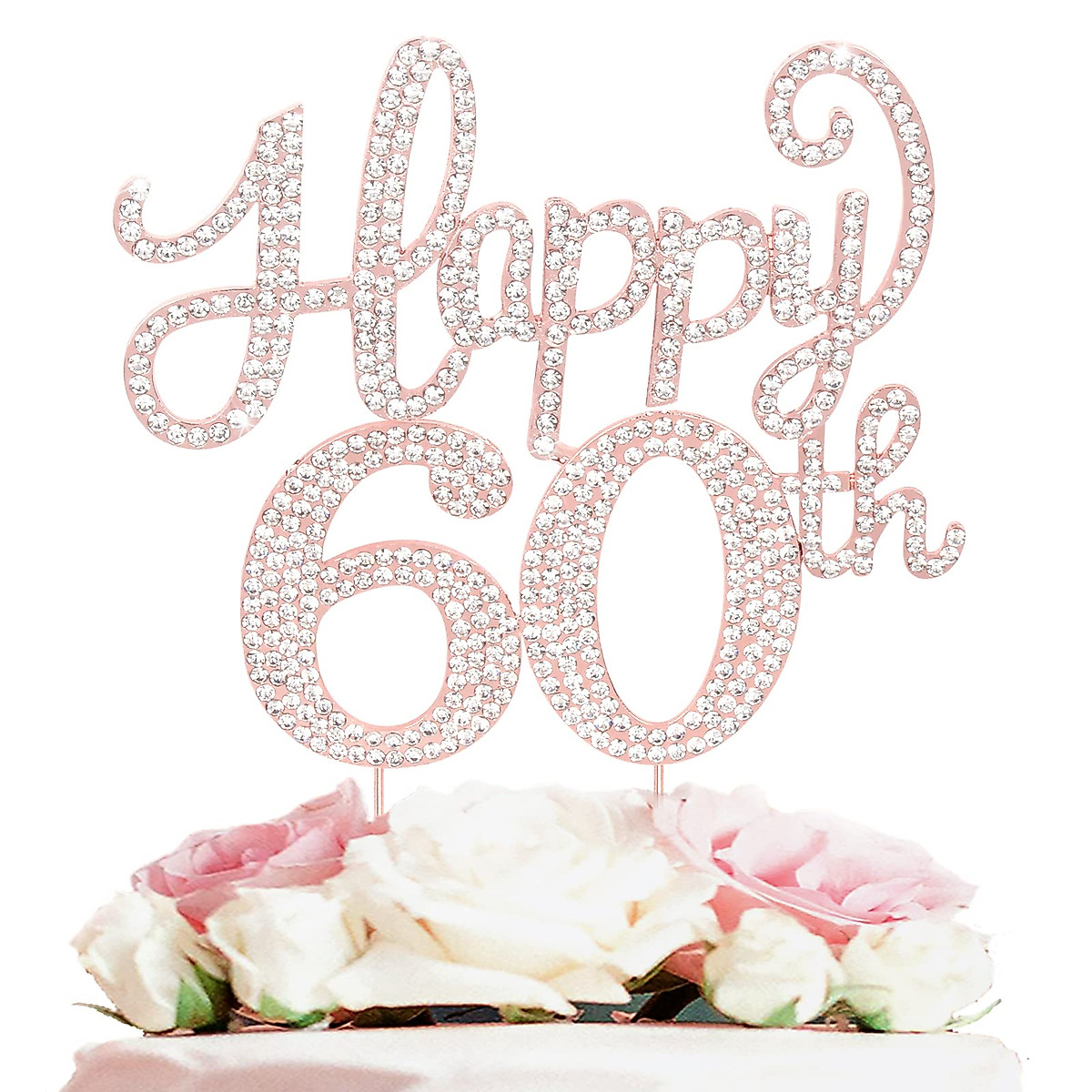 Happy 60th Birthday Rose Gold Rhinestone Cake Topper - 60th Birthday/Anniversary,Cheers to Sixty Years Old Bday Party Metal Sparkly Centerpieces Decorations.