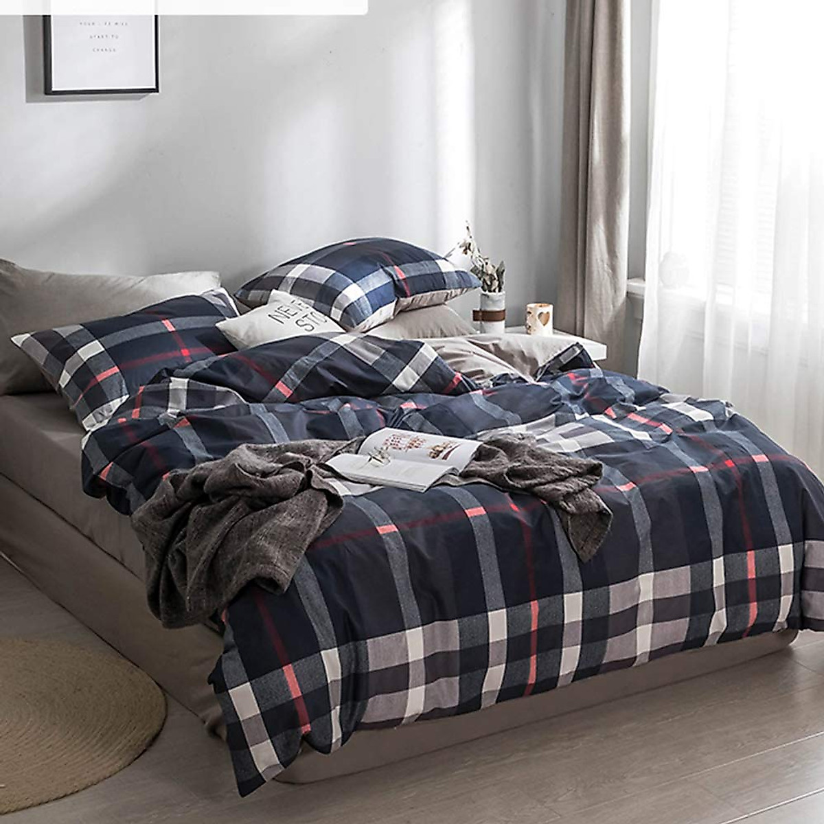 CLOTHKNOW Blue Plaid Comforter Set King 3Pcs Tartan Bedding Comforter Sets Geometric Comforter King Size Soft Blue Grey Red King Size Comforter Set