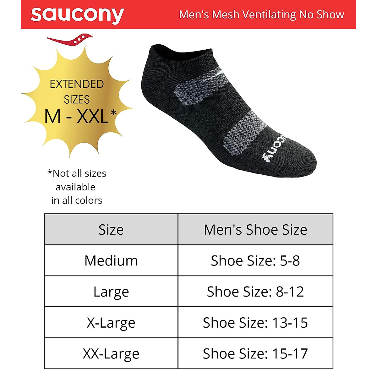 Saucony mens Multi-pack Mesh Ventilating Comfort Fit Performance No-show Socks, Black Basic (6 Pairs), Shoe Size 8-12 US
