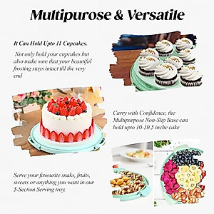 Plastihut Cake Carrier With Lid and Handle – All In 1 Multipurpose Cake Storage Container Fits 10" Cake, 11 Cupcakes & A Cake Plate Serves as 5 Section Serving Tray for Snacks & Fruit - Mint