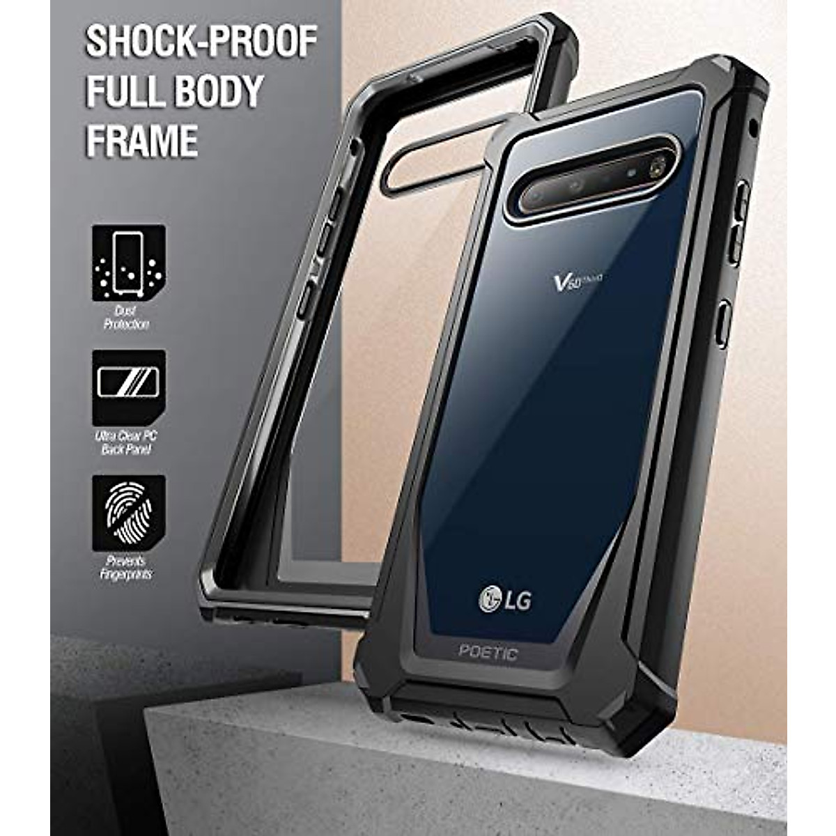 Poetic Guardian Series Case Designed for LG V60 ThinQ Case, Full-Body Hybrid Shockproof Bumper Cover with Built-in-Screen Protector, Black/Clear