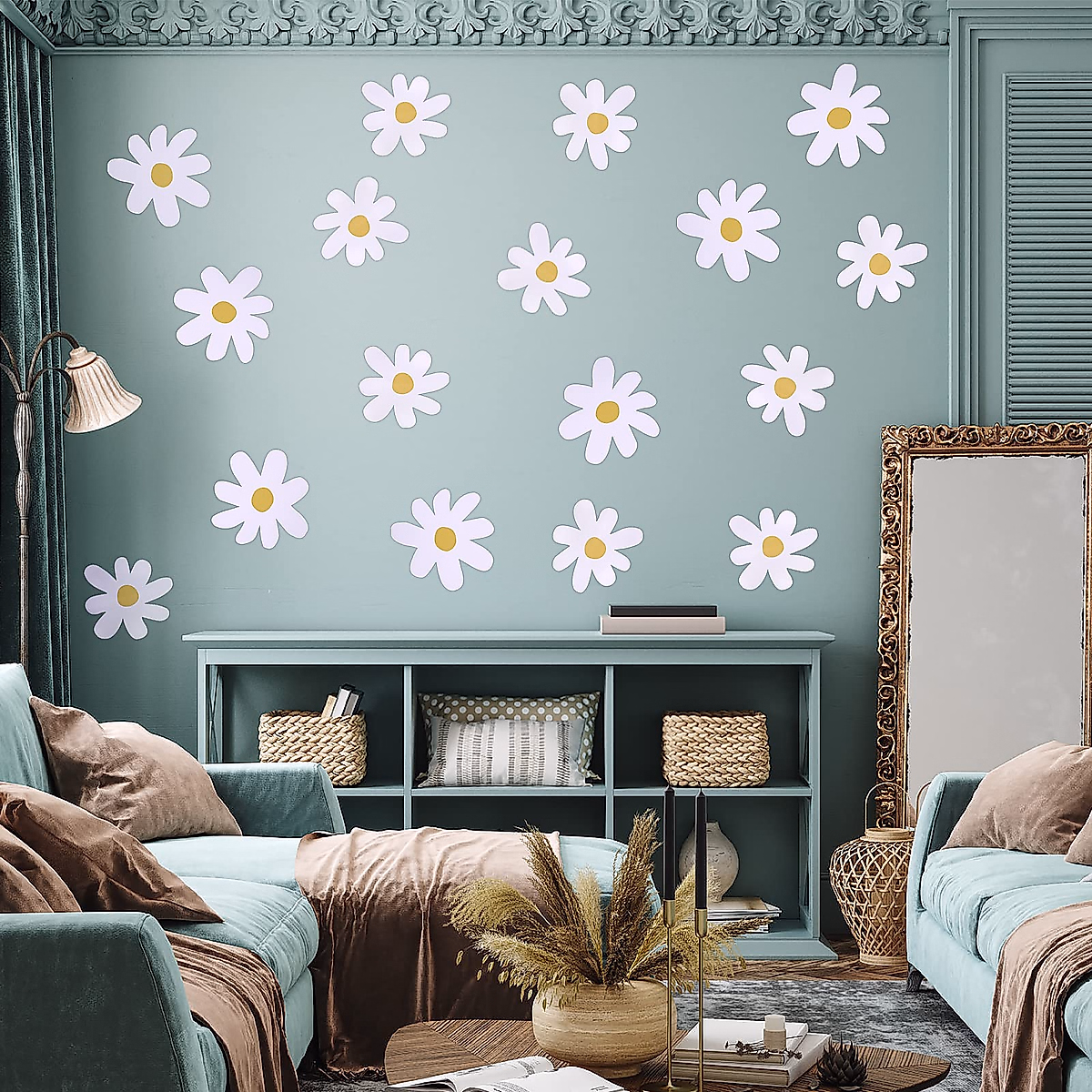 36PCS Daisy Wall Decal White Daisy Decals Flower Wall Decals Peel and Stick Retro White Daisy Flower Wall Stickers Vinyl Wall Floral Decals for Kids Nursery Bedroom Classroom Office Decor 6 Sheet