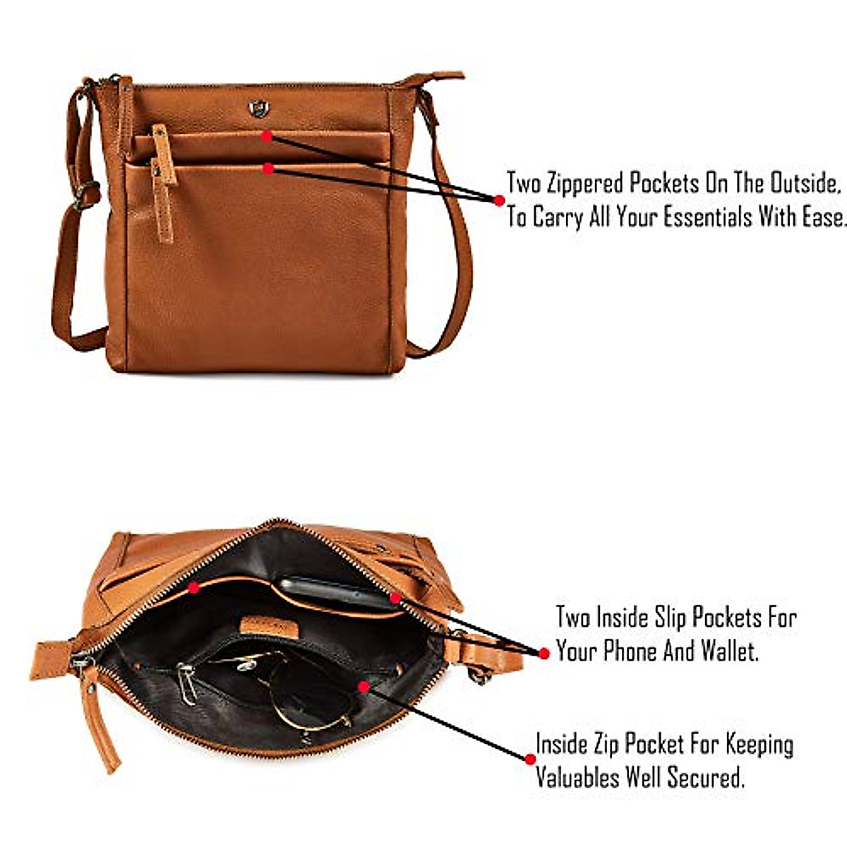 Cochoa Small Soft Pebbled Real Leather Women Crossbody Handbags & Purses - Triple Zip Premium Sling Crossover Shoulder Bag (Cognac Nappa)